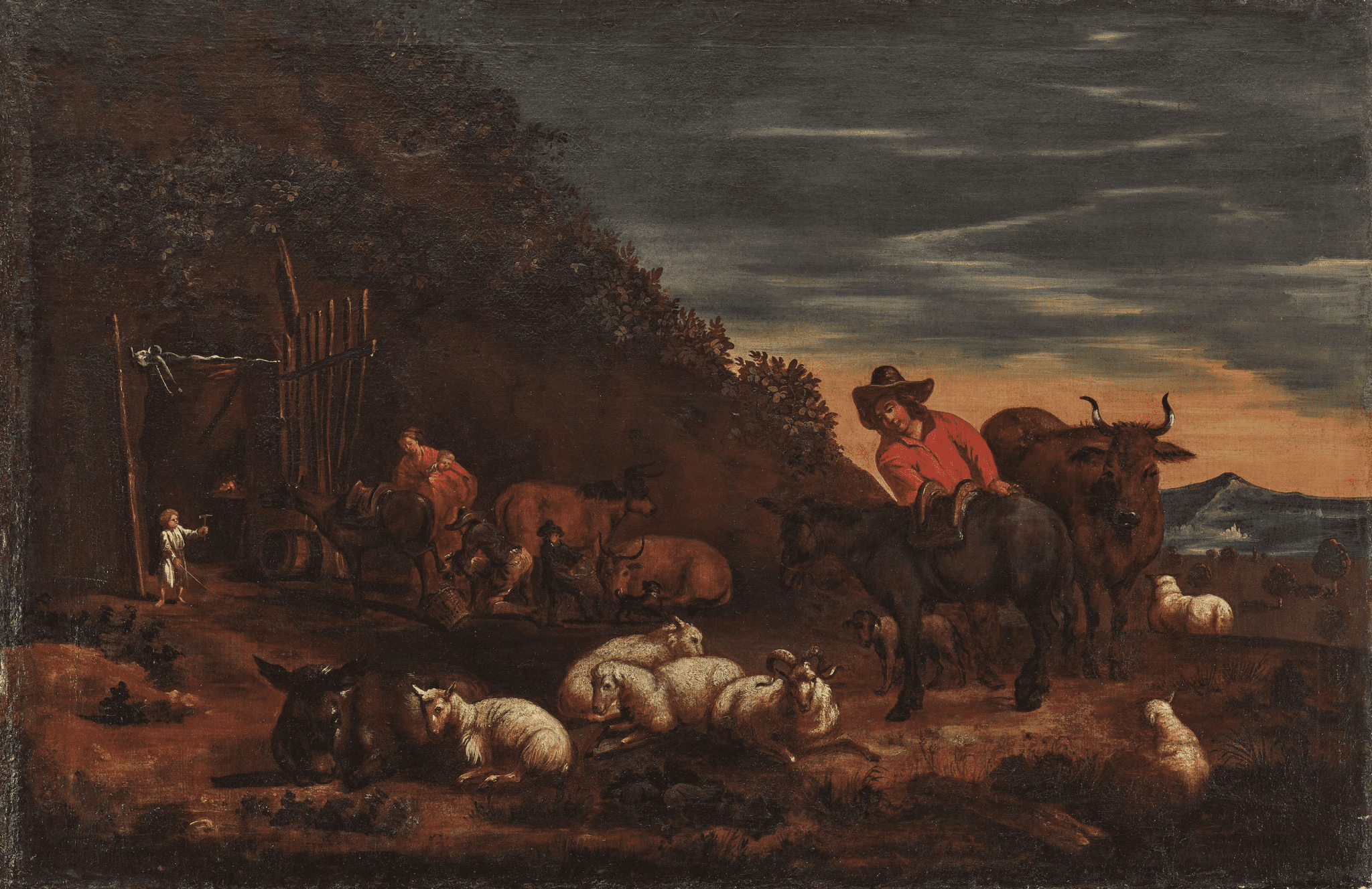Hirte mit Rindern beim Hufschmied, Joseph Roos (zugeschrieben), Großes ...